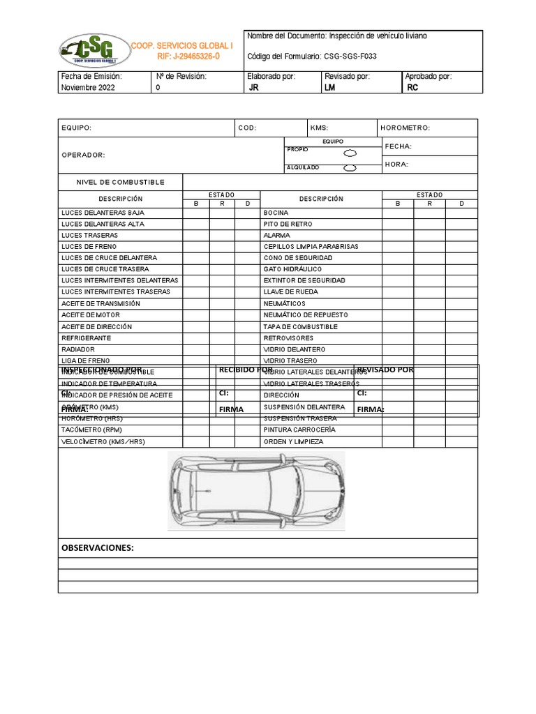 CSG-SGS-F033 Inspeccion de Vehiculo Liviano (Pequeño) | PDF ...