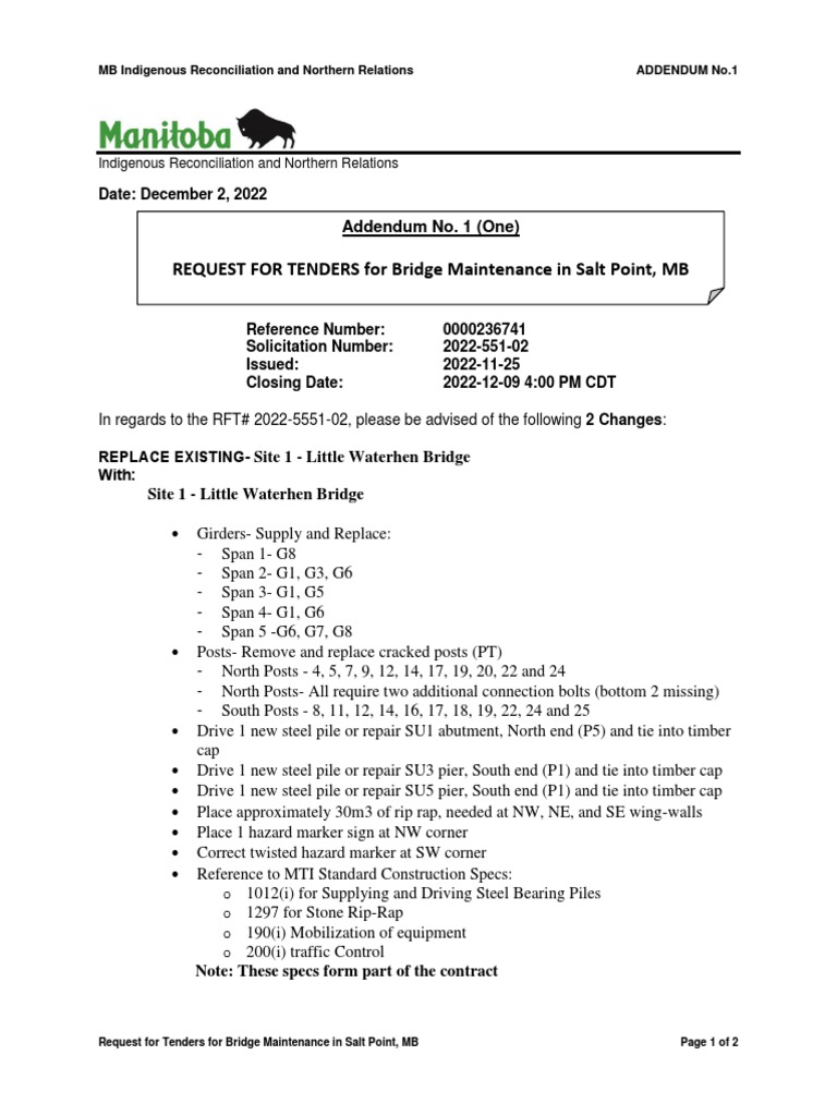 RFT For Bridge Maintenance in Salt Point MB ADDENDUM 1 (168896) | PDF ...