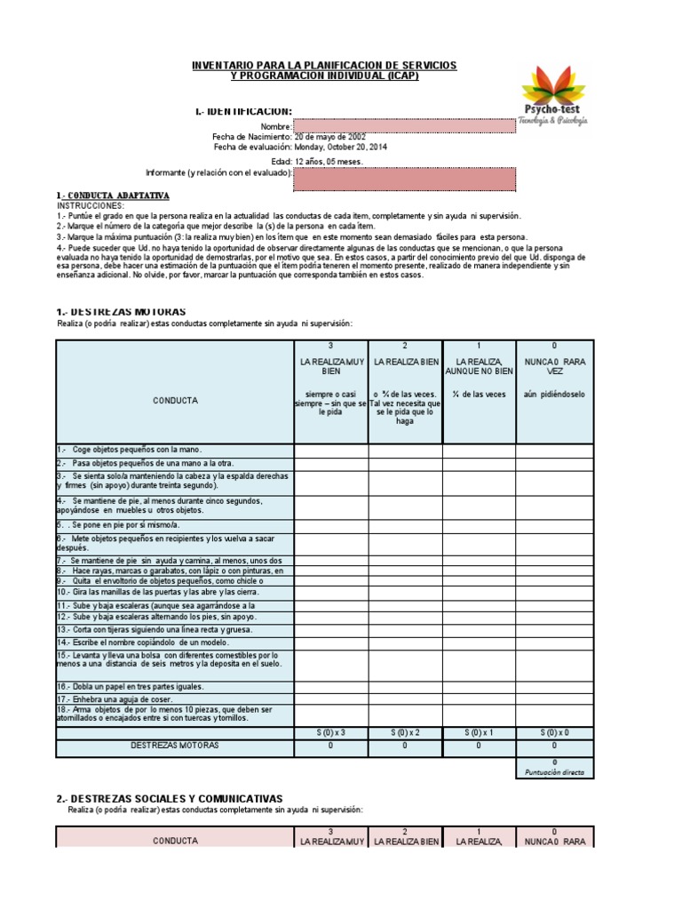 Plantilla Icap + Test V4 | PDF | Comportamiento | Discapacidad intelectual