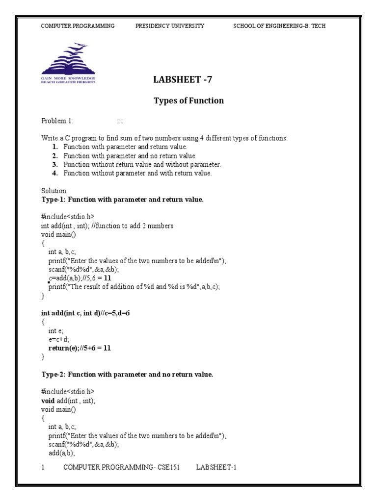 Aurdino C Module 1 Labsheet 7 Pdf Parameter Computer Programming Subroutine