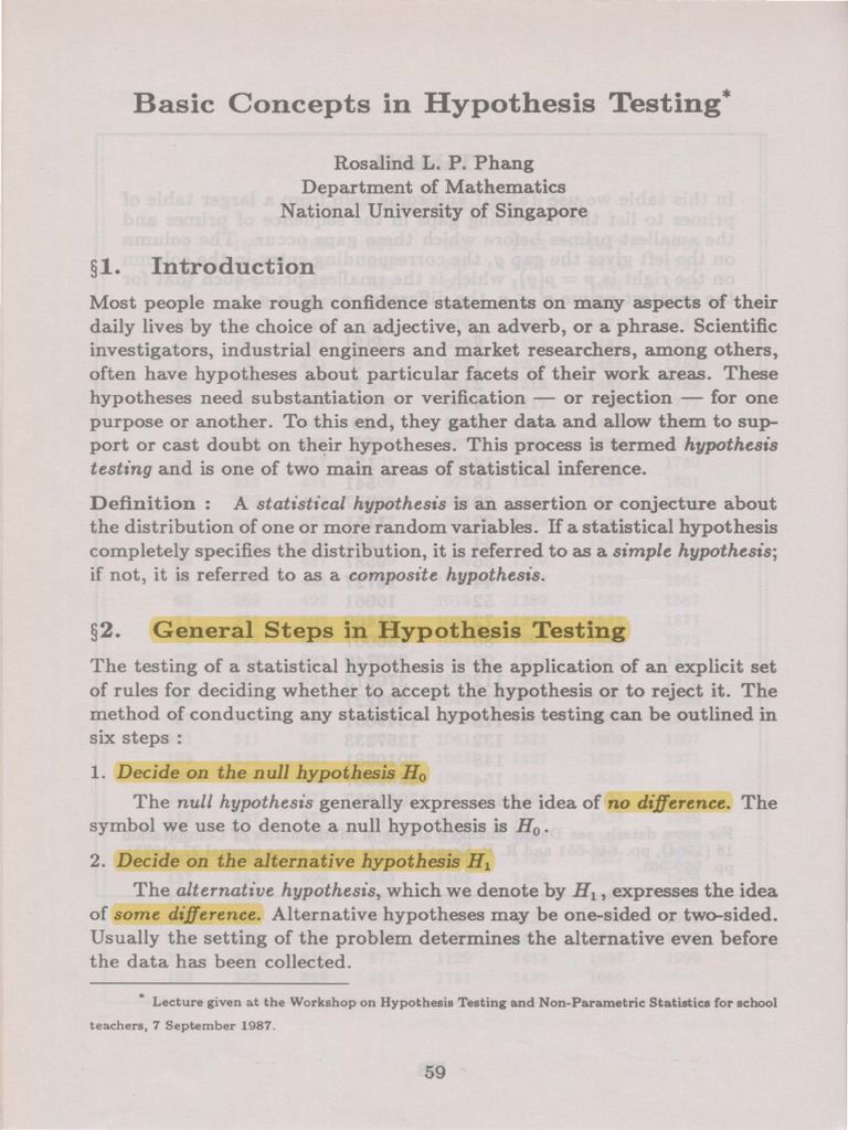 Basic Concepts in Hypothesis Testing (Rosalind L P Phang) | PDF | P ...