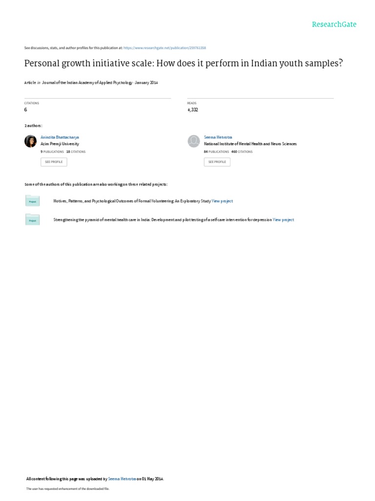 Personal Growth Initiative Scale - INDIAN YOUTH | PDF | Well Being | Validity (Statistics)