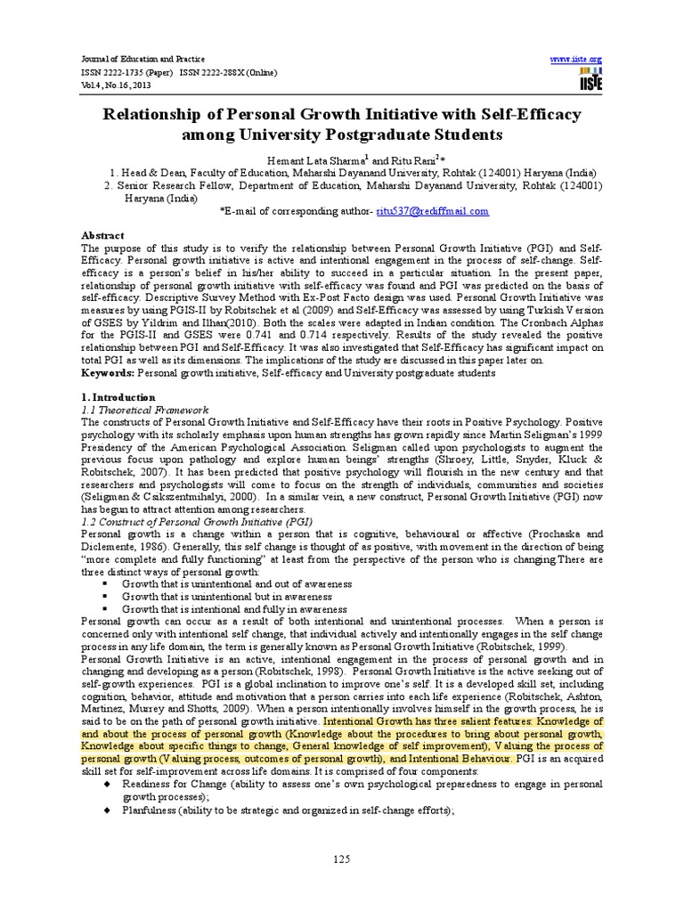 Relationship of Personal Growth Initiative With Self-Efficacy | PDF ...