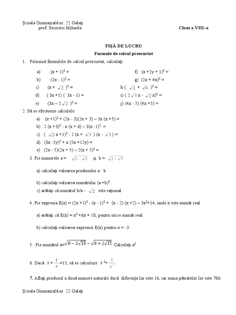 Fisa de Lucru - Formule de Calcul Prescurtat | PDF
