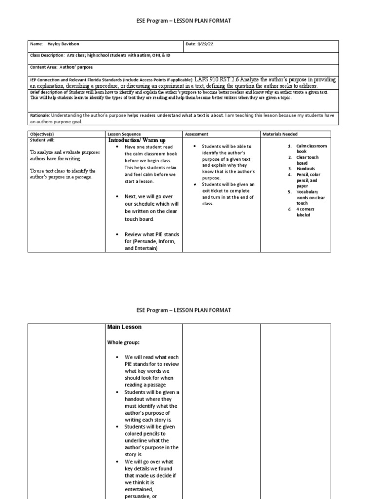 Davidson Lesson Plan Ese Program-1 | PDF | Lesson Plan | Psychological ...