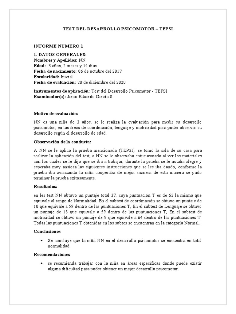 TEST DEL DESARROLLO PSICOMOTOR Tepsi | PDF