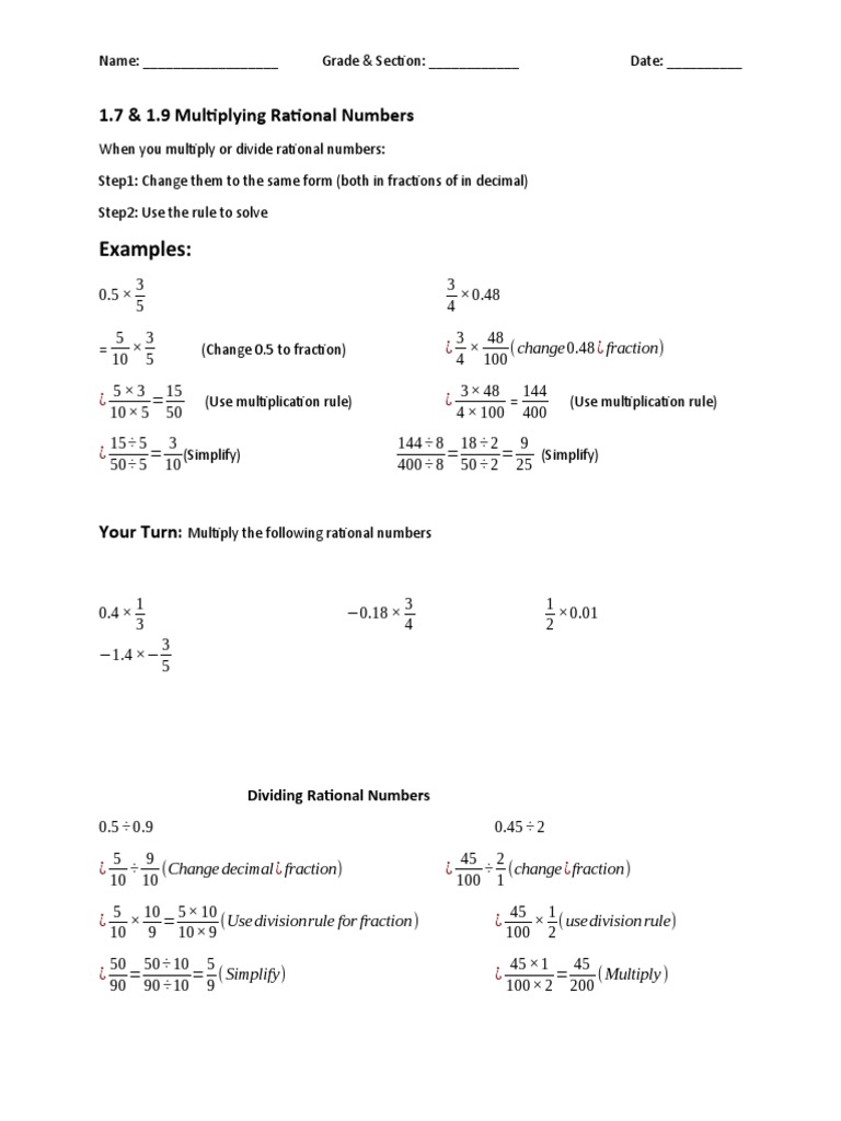 1.7 1.9 Multiplying Rational Numbers | PDF | Multiplication | Mathematics