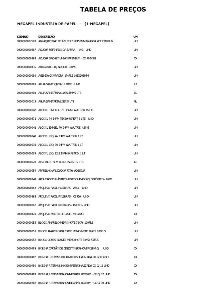 Tabela de Produtos Nova | PDF