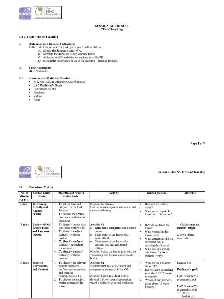 06SCI Session Guide No. 1 7es of Teaching | PDF | Lesson Plan | Learning