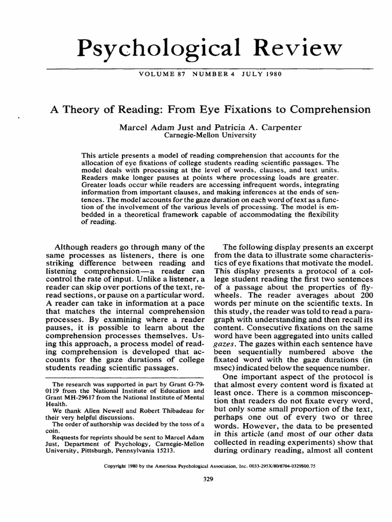 A Theory of Reading From Eye Fixation To Comprehension Just and ...