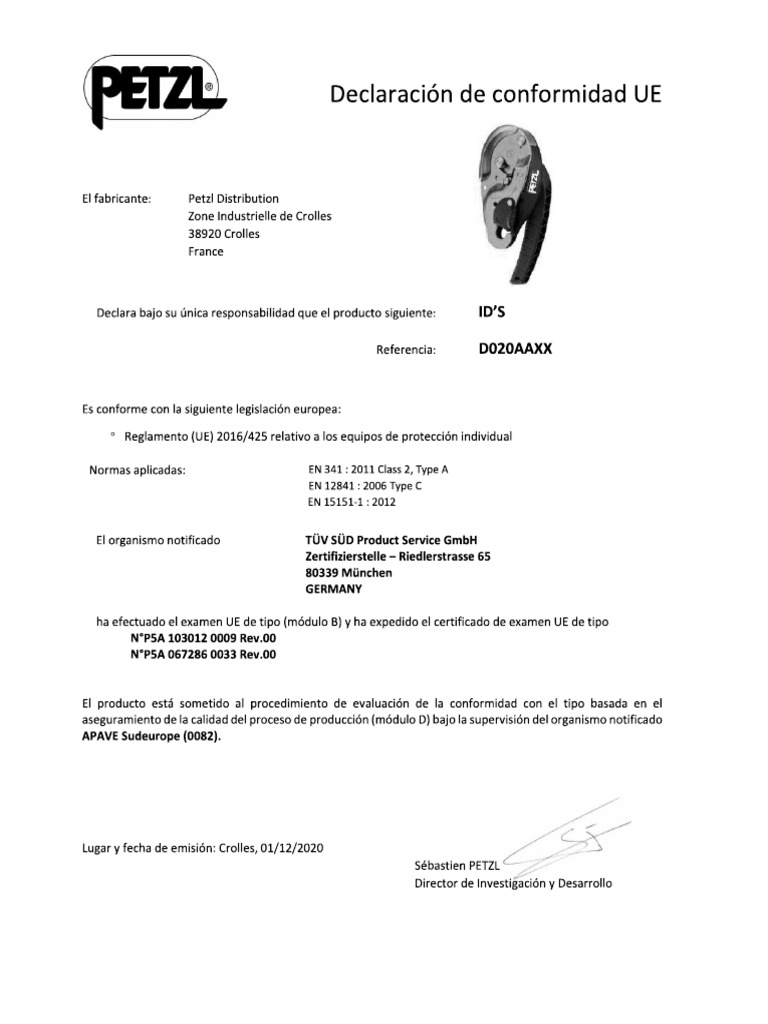 Certificado Conformidad Id Petzl | PDF