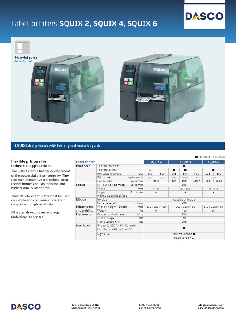 Cab Squix Data Sheet 1 | PDF | Printer (Computing) | Computer Hardware