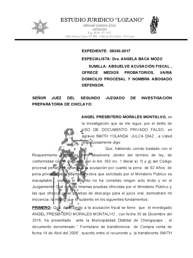 Absuelve Acusacion y Ofrece Pruebas Uso Documento Falso Angel Presbitero Morales Montalvo | PDF ...