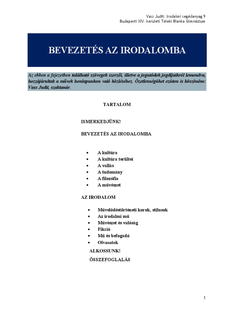 Bevezetés Az Irodalomba | PDF
