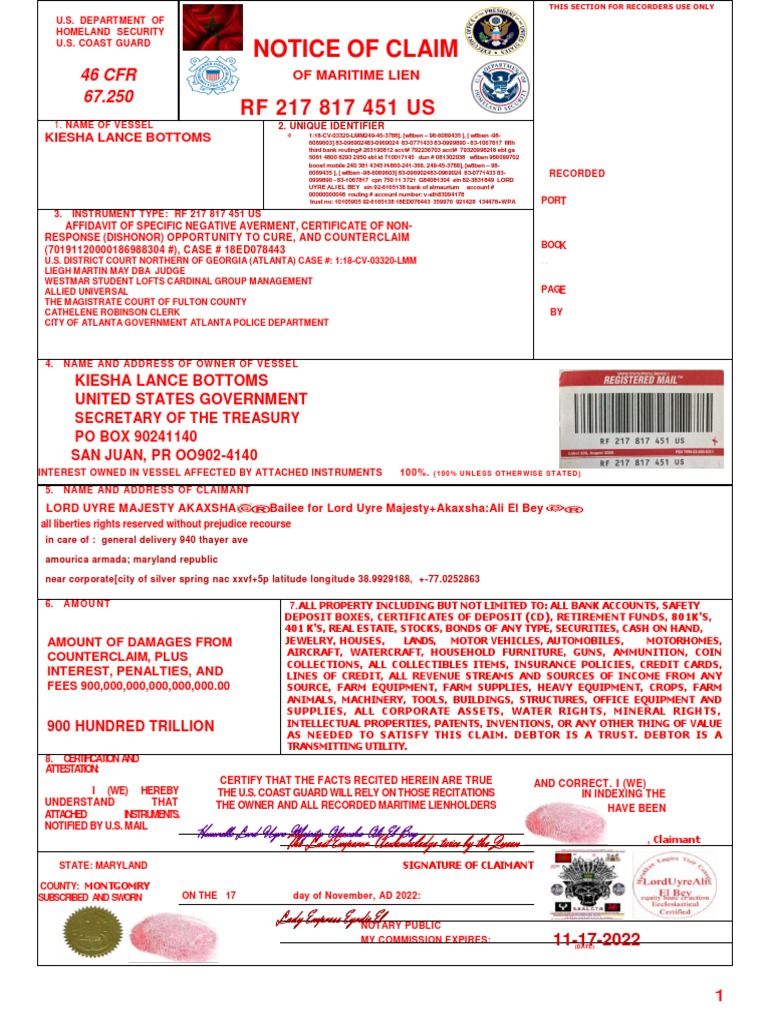 Maritime Lien Notice of Claim Kiesha Lance Bottoms Punishment Is Coming XXX | Download Free PDF ...