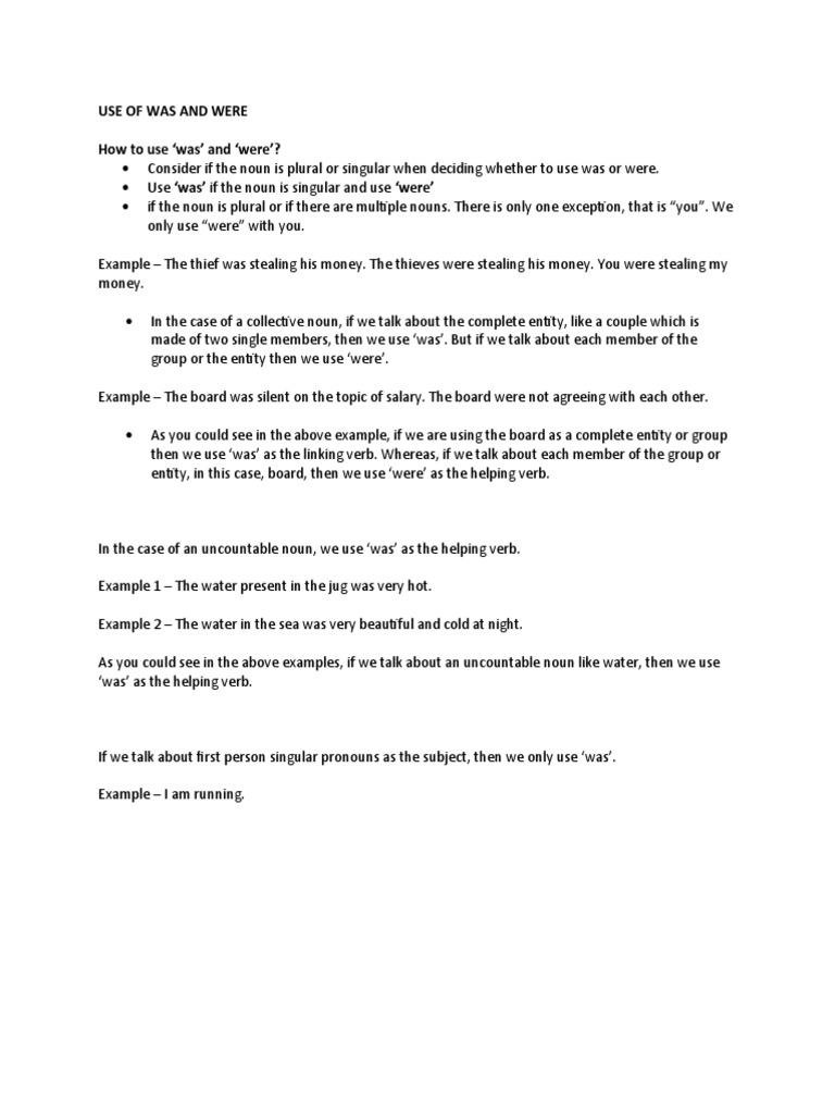 Use of Was and Were | PDF | Pronoun | Grammatical Number