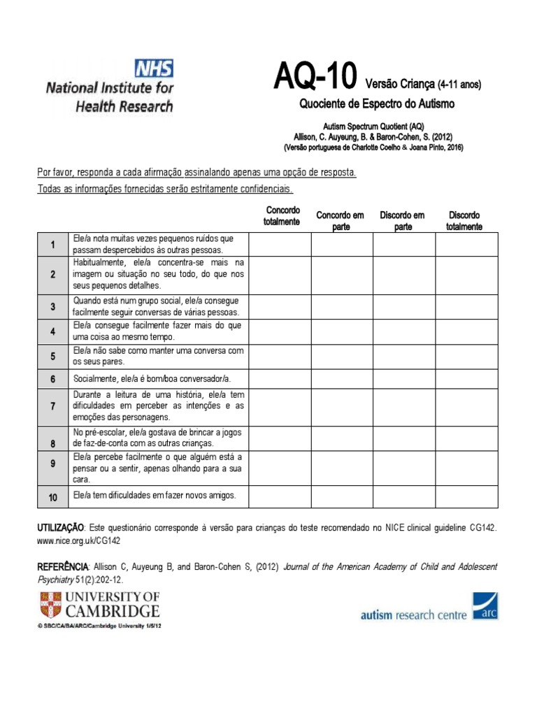 AQ-10: Questionário para Crianças | PDF