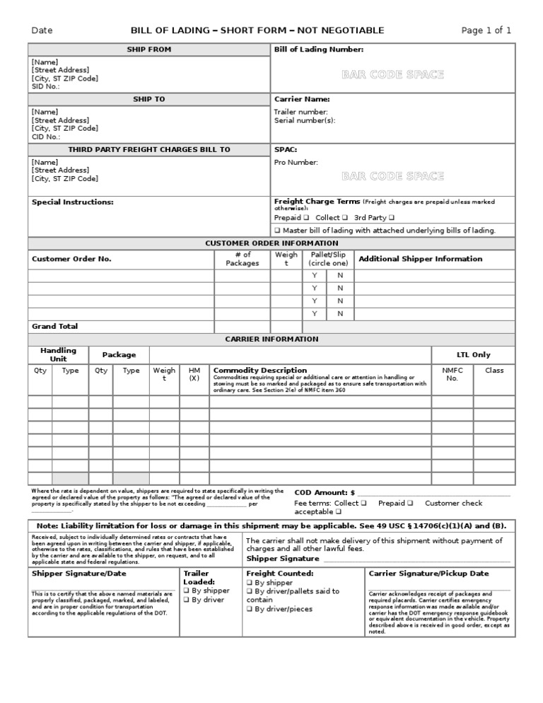 Bill of Lading Form | PDF | Cargo | Supply Chain Management