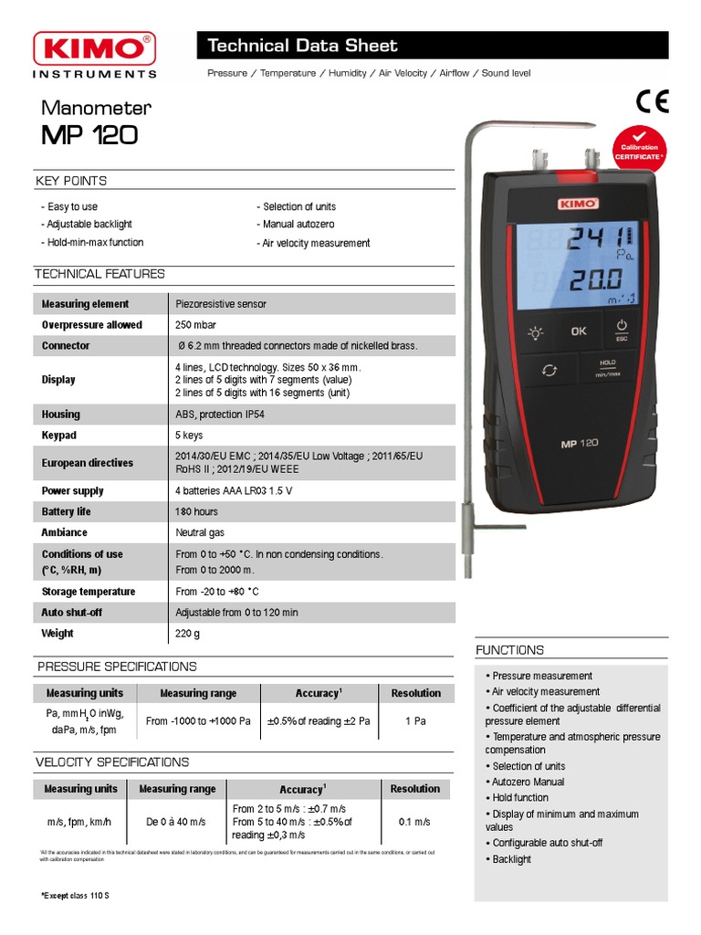 Kimo mp120 Manometer Datasheet | PDF | Calibration | Pressure Measurement