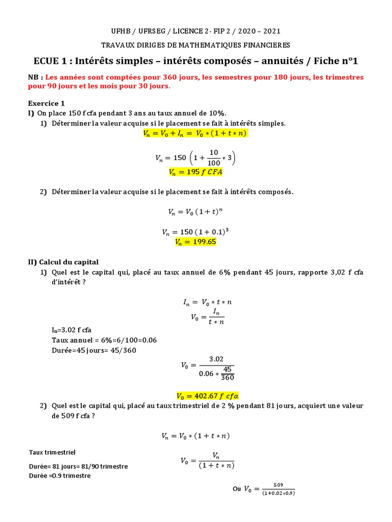 Corrigé TD - Math Fin | PDF | Prêts | Les sociétés