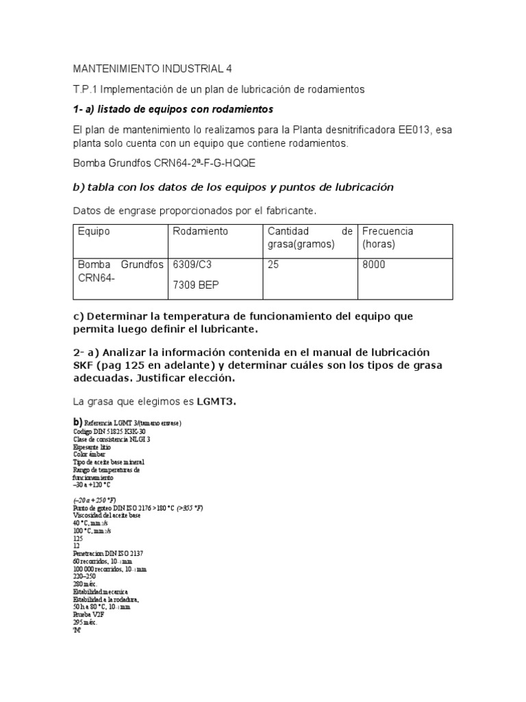 Tp1 Implementación De Un Plan De Lubricación De Rodamientos Pdf