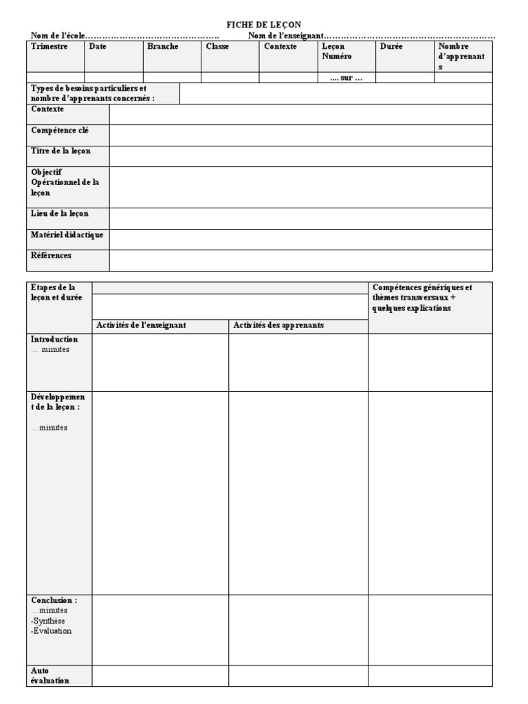 Fiche de leçon CBC en français | PDF