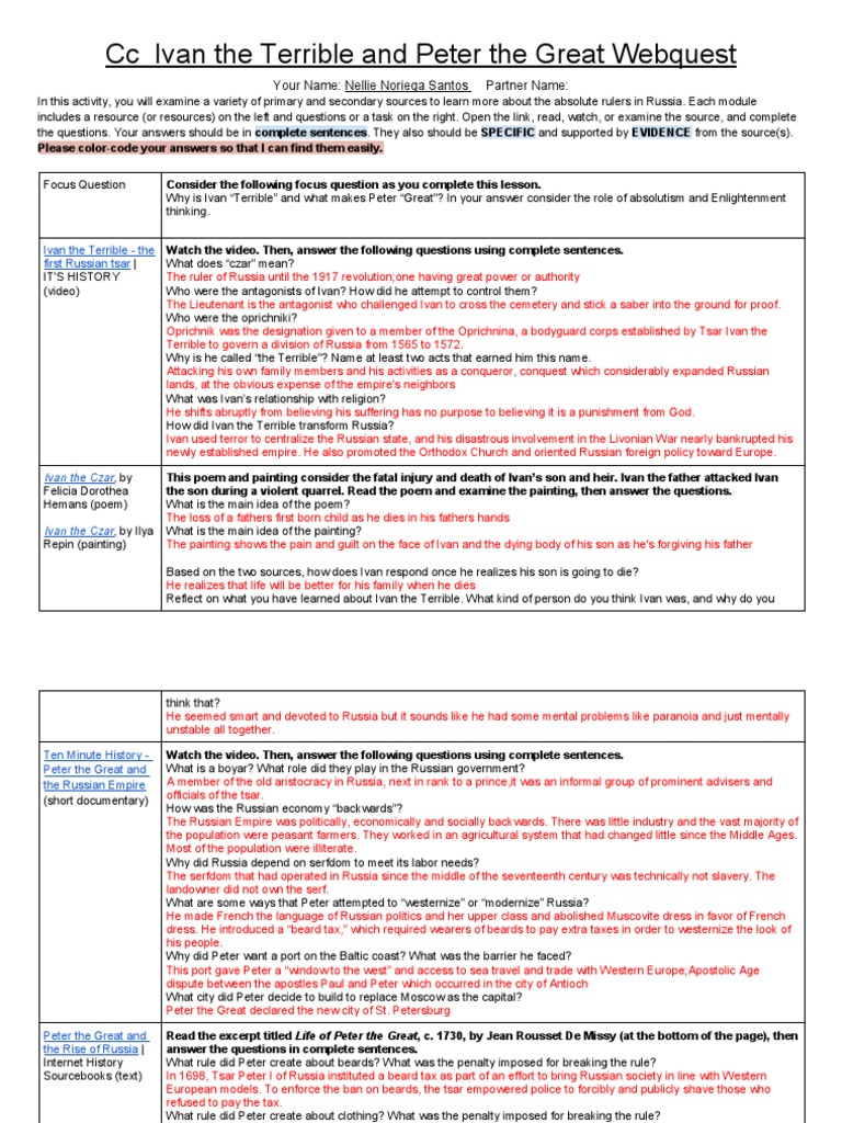 Ivan The Terrible & Peter The Great Webquest | PDF | Russian Empire ...