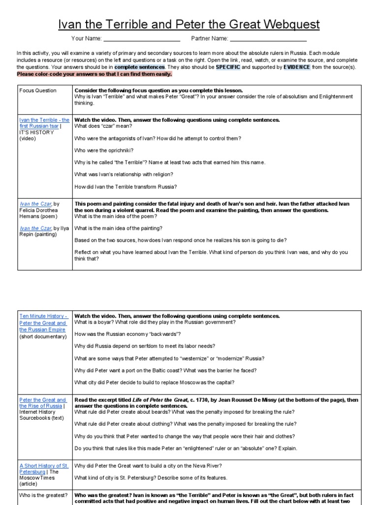 Copy of Ivan the Terrible & Peter the Great Webquest | PDF | Russian ...