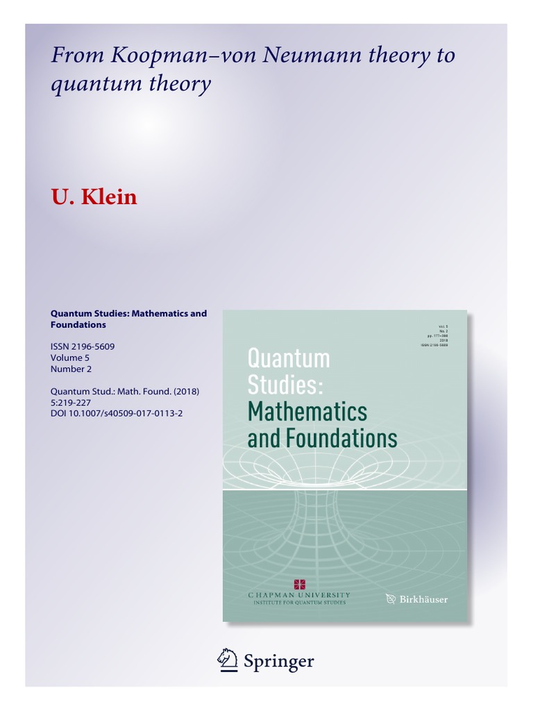 Klein Koopman Von Neumann Quantum Theory | PDF | Quantum Mechanics | Hamiltonian Mechanics