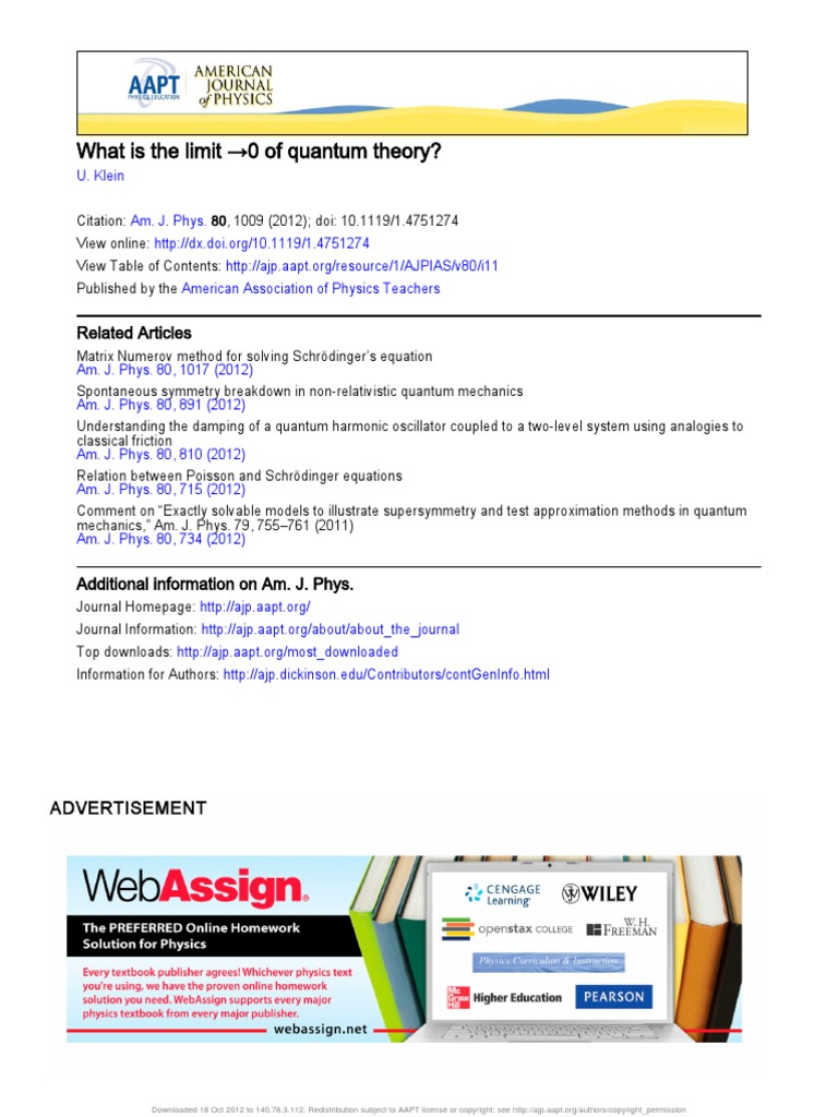 Klein Limit Hbar To Zero Quantum Theory Ajp | PDF | Quantum Mechanics ...