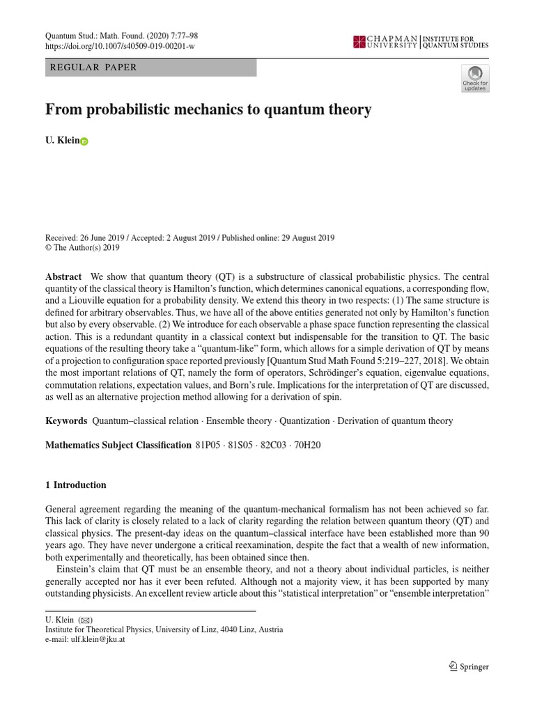 Klein Probabilistic Mechanics | PDF | Quantum Mechanics | Hamiltonian Mechanics