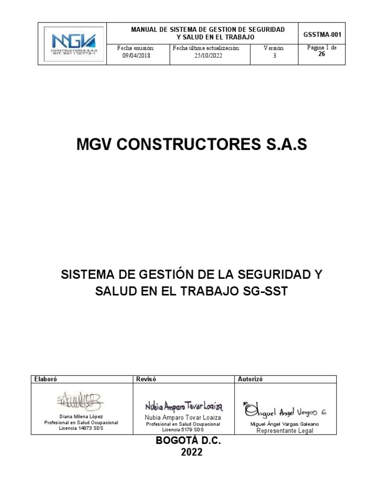 Manual Del SG-SST MGV Constructores S.A.S. | PDF | Seguridad y salud ocupacional | La seguridad ...