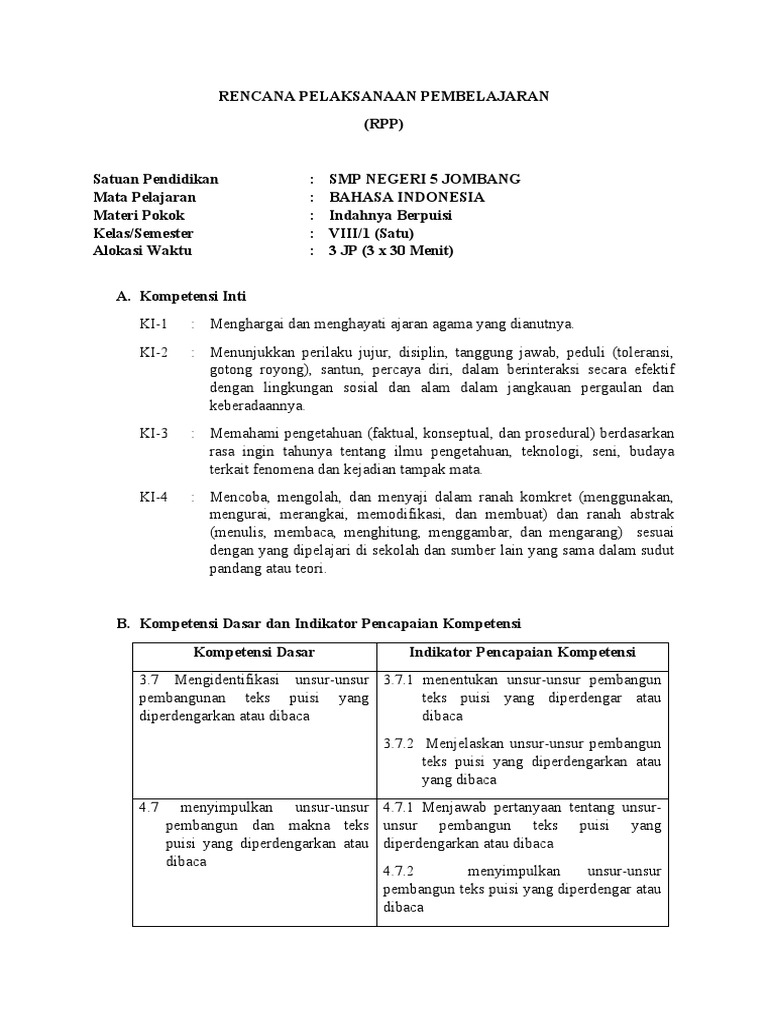 RPP Bahasa Indonesia Puisi | PDF