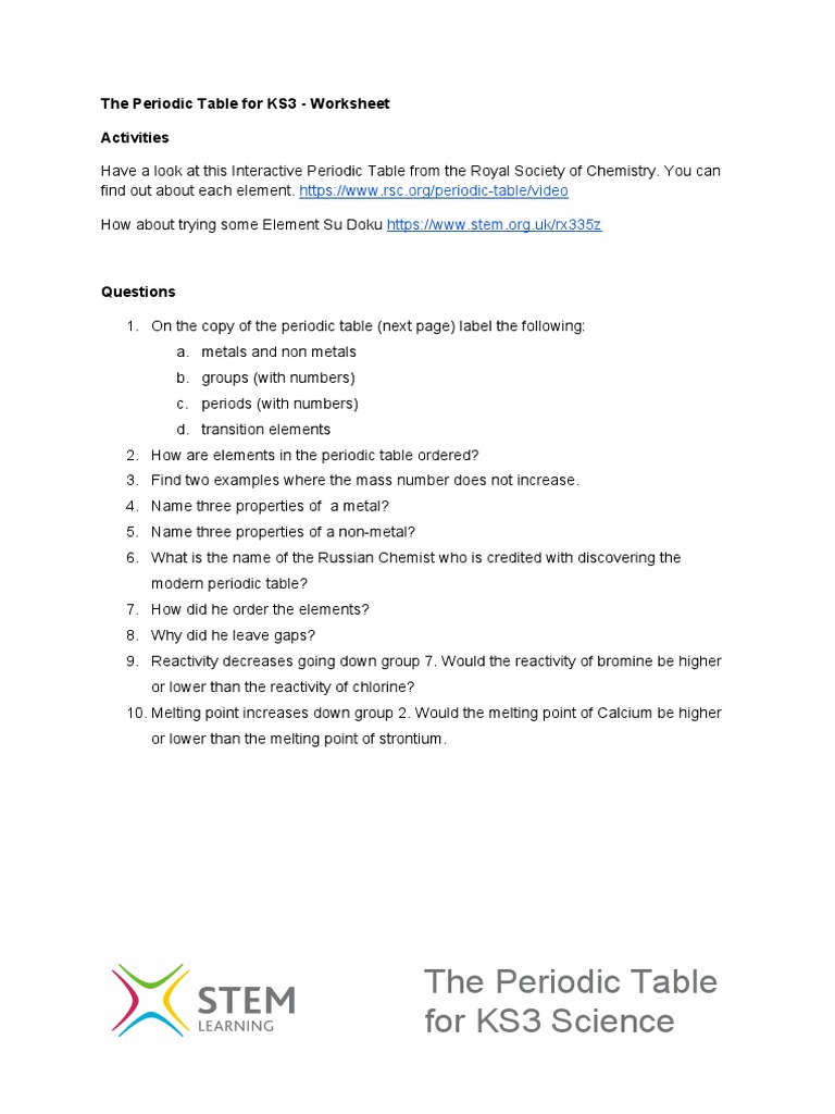 KS3 Periodic Table Worksheet Activities | PDF | Periodic Table | Metals