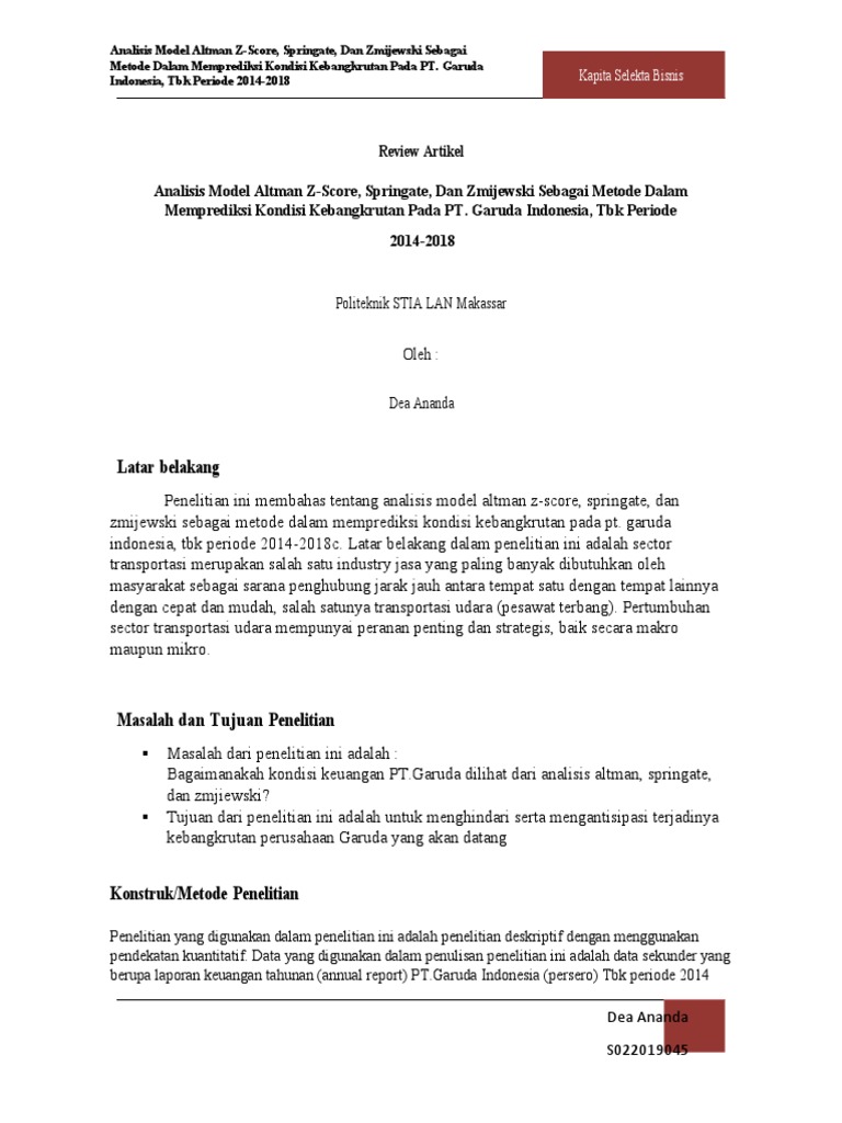 Analisis Model Altman Z-Score, Springate, Dan Zmijewski Sebagai Metode ...