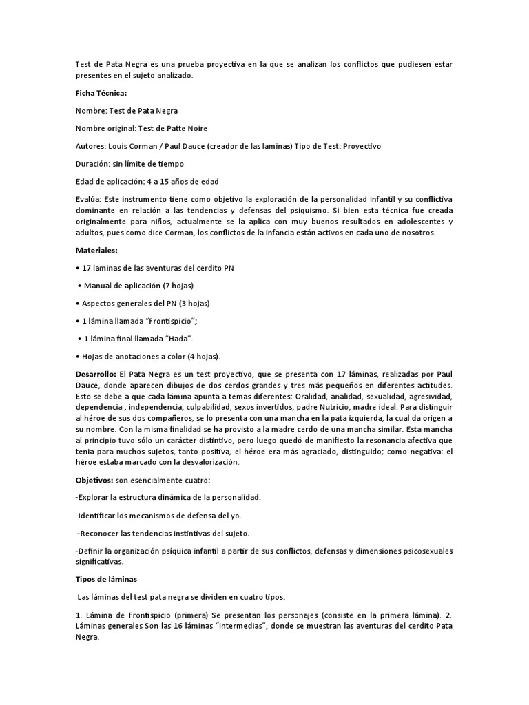 Ficha Técnica Del Test de La Pata Negra | PDF | Sicología | Conceptos ...