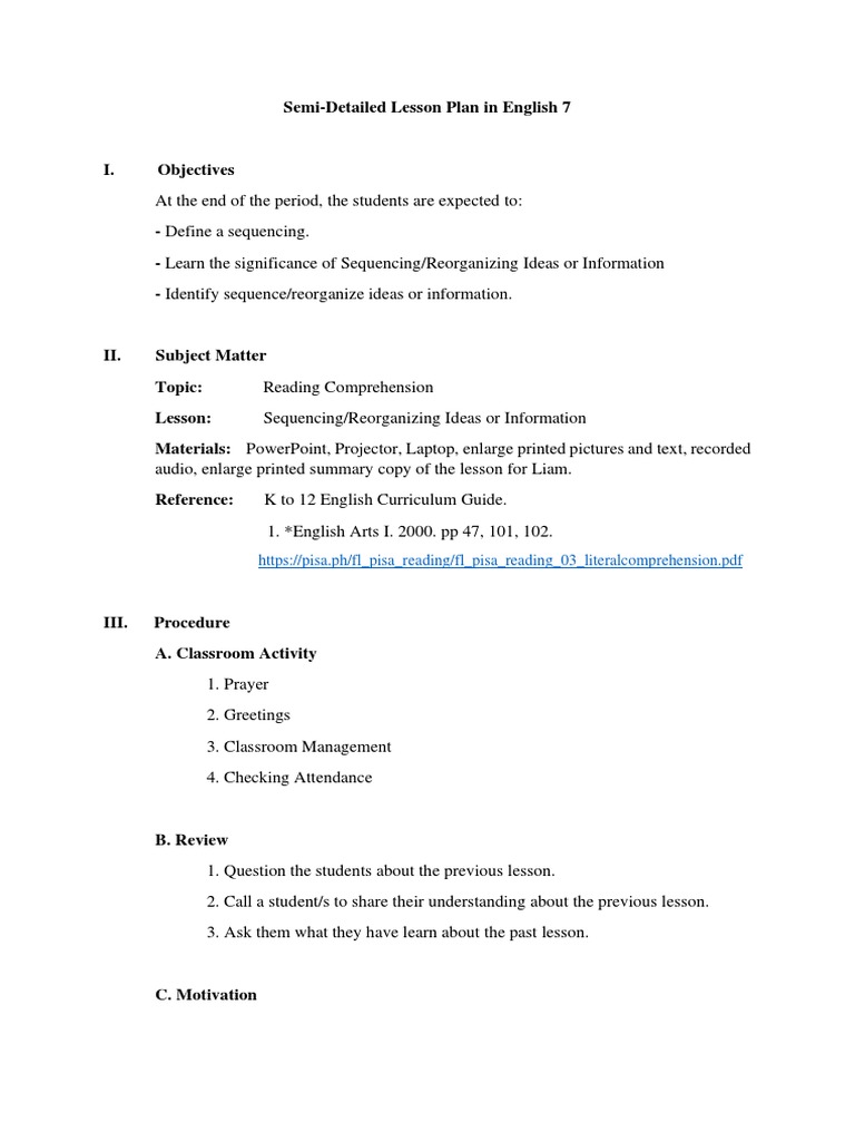 Semi-Detailed Lesson Plan | PDF | Lesson Plan | Reading Comprehension