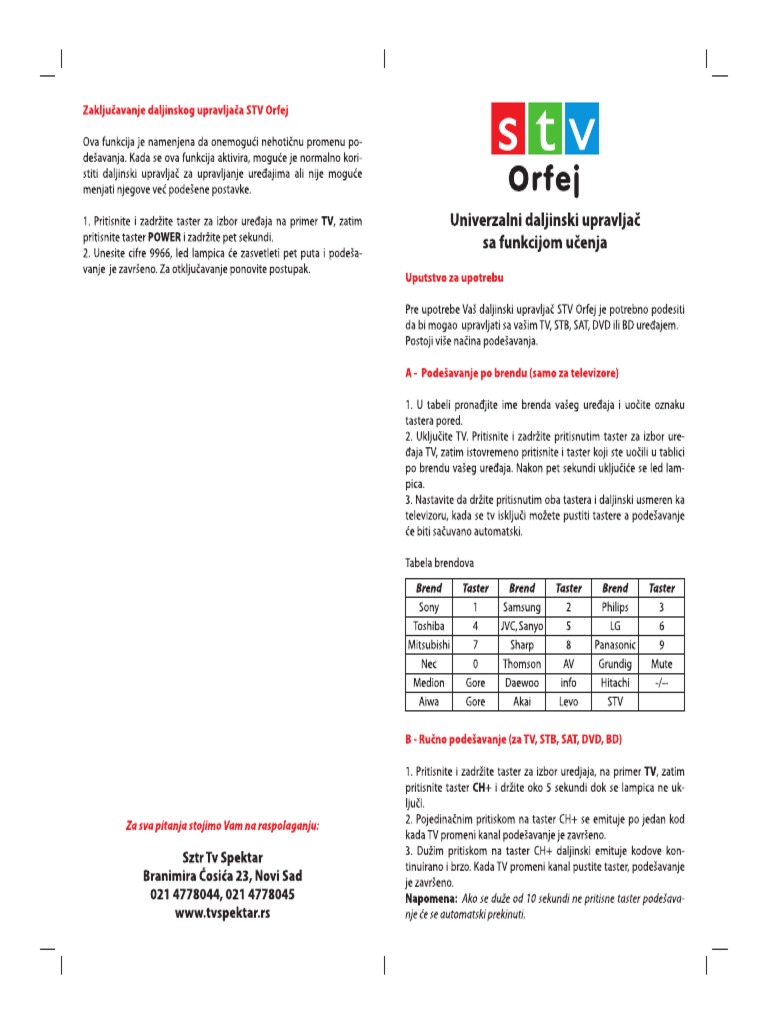 STV Orfej Uputstvo Za Upotrebu PRESS | PDF