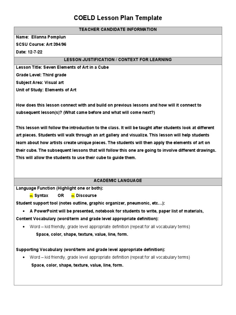 Scsu Coeld Edtpa Lesson Plan Turn in | PDF | Lesson Plan | Vocabulary