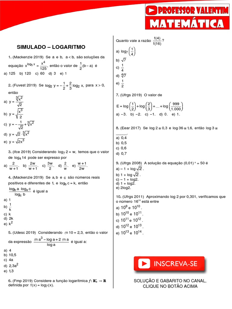 Simulado Logaritmo | PDF | Analise matemática | Aritmética