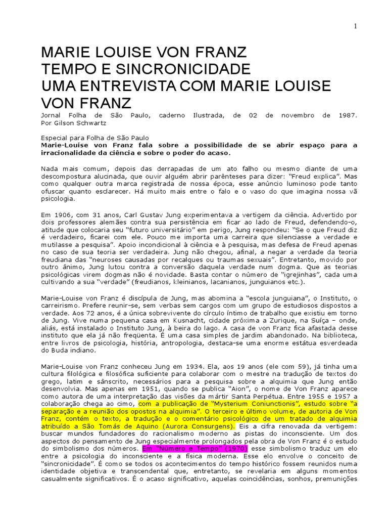 MARIE LOUISE VON FRANZ - Tempo e Sincronicidade - Uma Entrevista Com ...