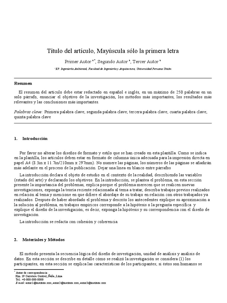 Título Del Artículo, Mayúscula Sólo La Primera Letra: Primer Autor ...