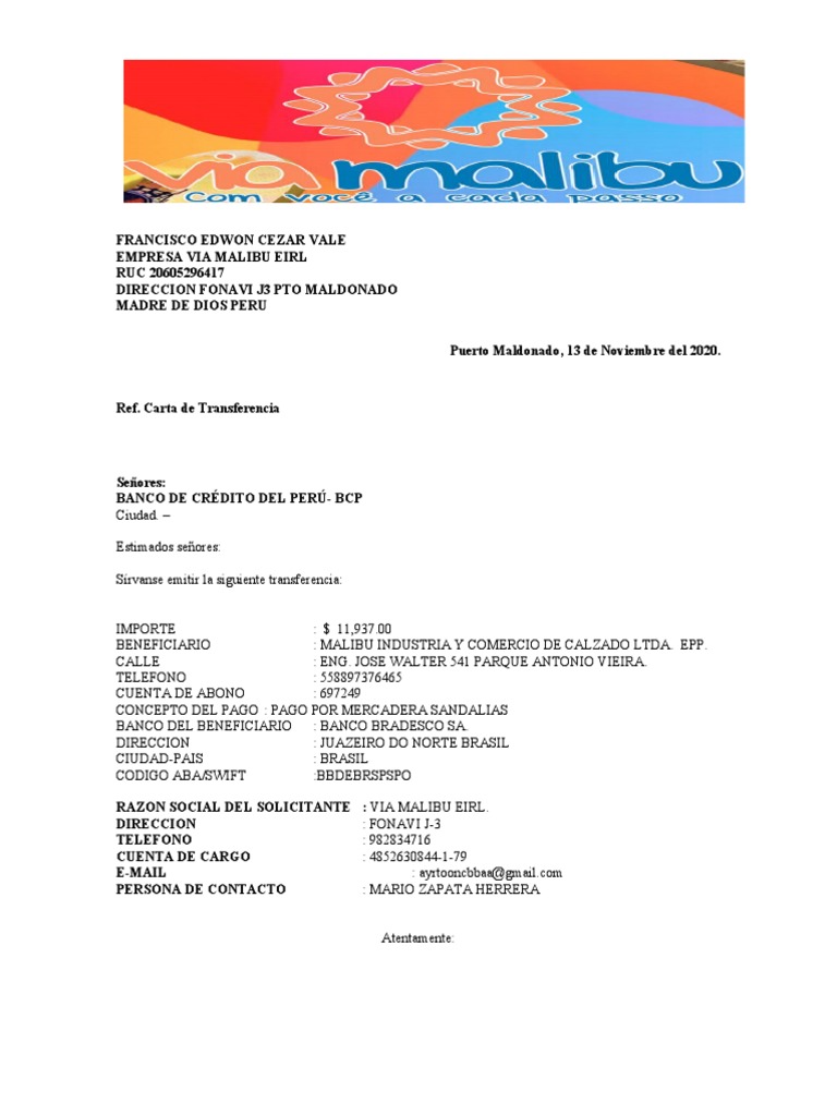 Carta Transferencia Exterior BCP 2 | PDF