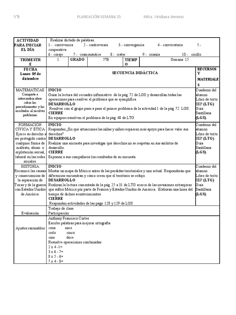 Planificacion Noviembre 05 Al 09 Diciembre | PDF