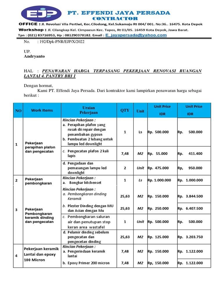 RAB Renovasi Ruangan BRI Sudirman | PDF