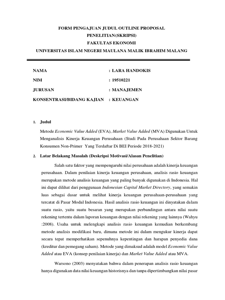 PENGAJUAN JUDUL OUTLINE PROPOSAL PENELITIAN_19510221_Lara Handokis | PDF