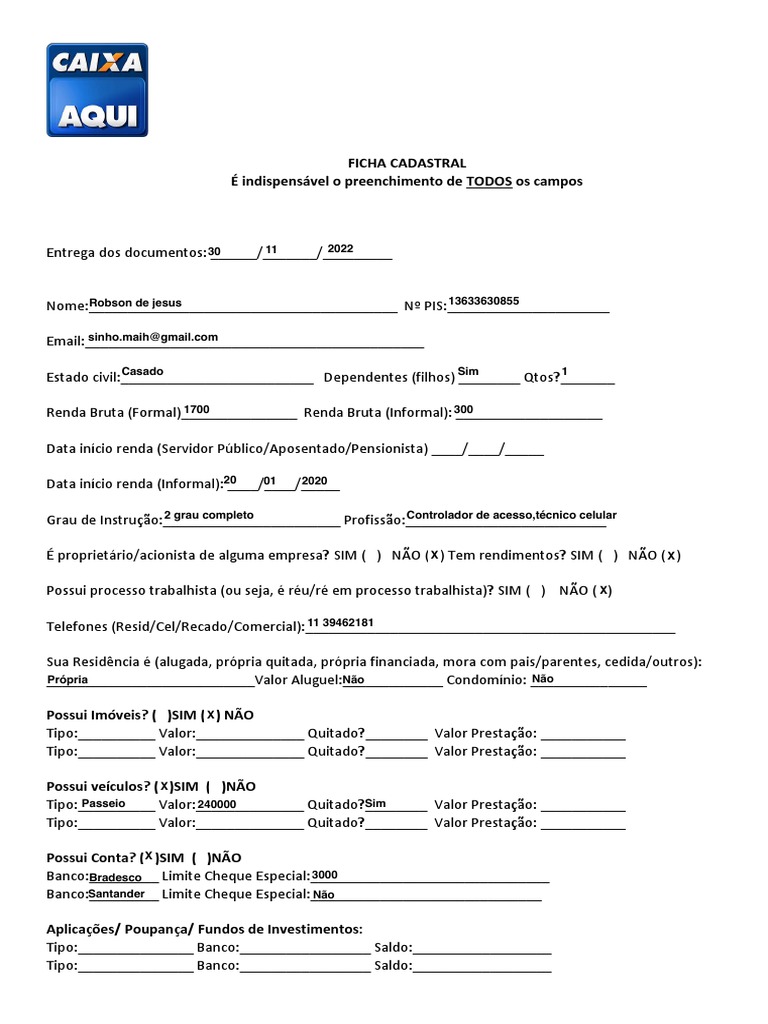 Ficha Cadastral - Tenda | PDF | Cheque (banco) | Empréstimos