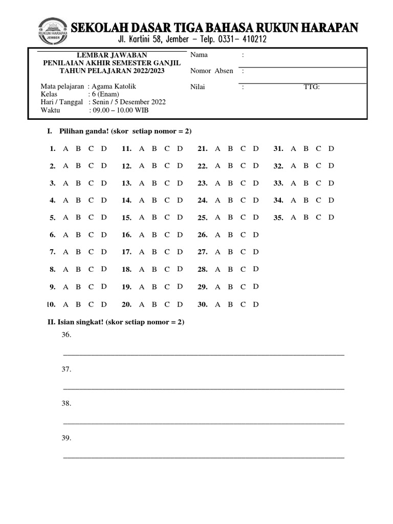 LJK K6 Agama Katolik | PDF