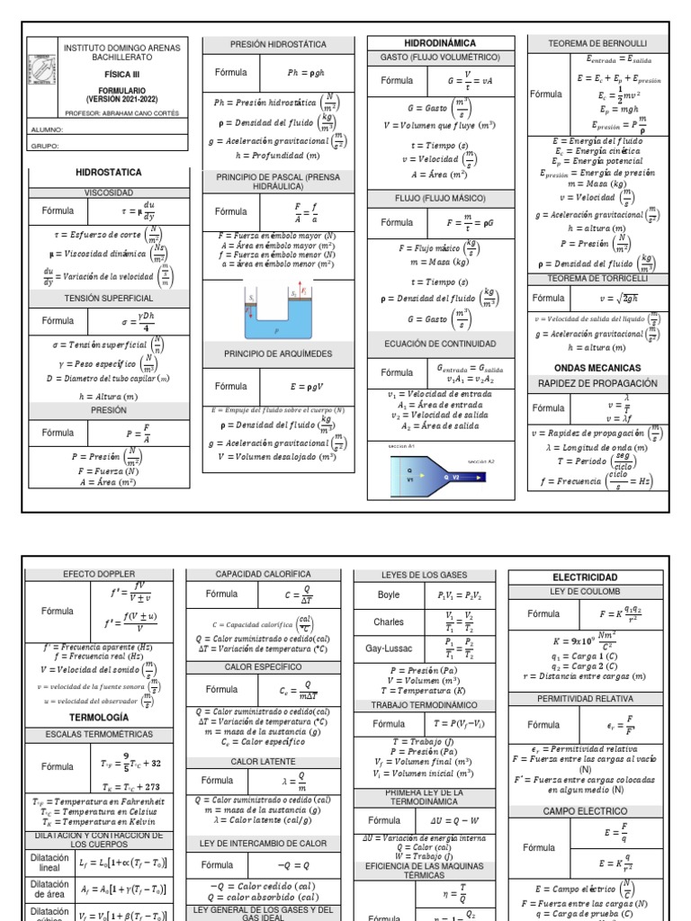 FORMULARIO Hidrodinámica e Hidrostática | PDF | Quantidades físicas ...