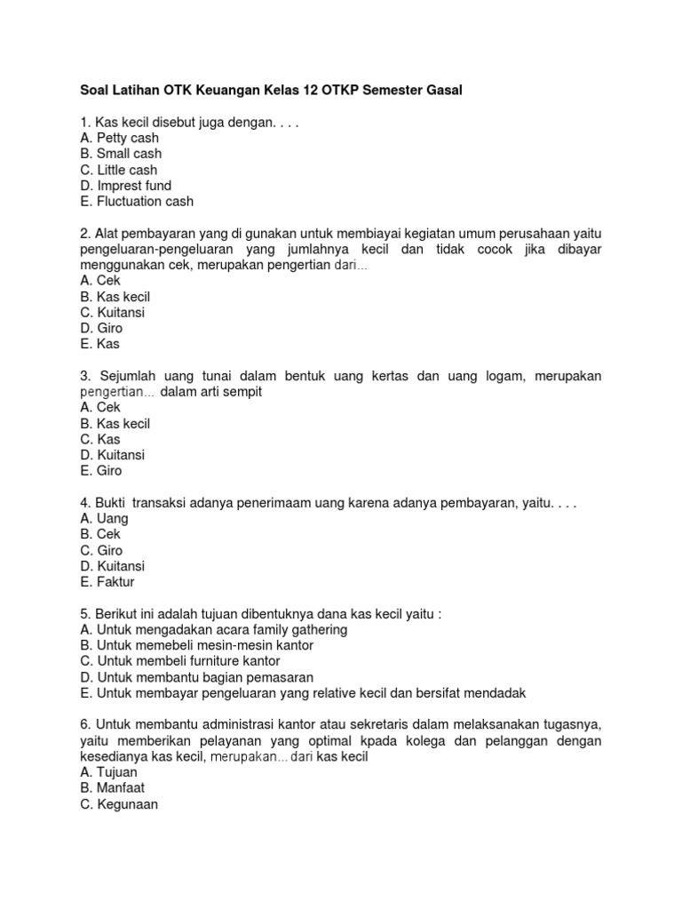 Soal Latihan OTK Keuangan Kelas 12 OTKP Semester Gasal | PDF